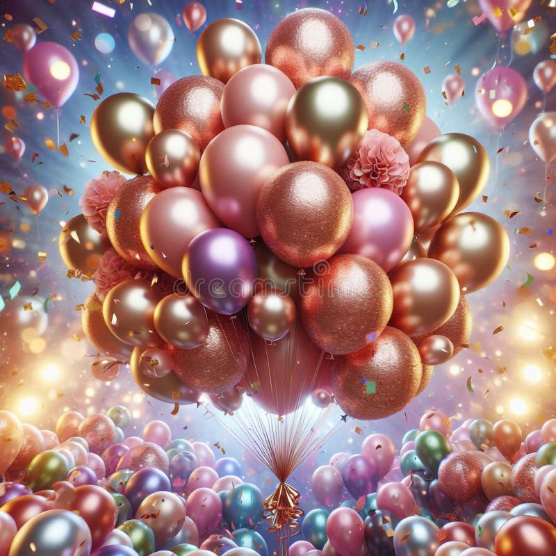 A Large Bunch of Colorful Balloons Float in the Air with Confetti ...
