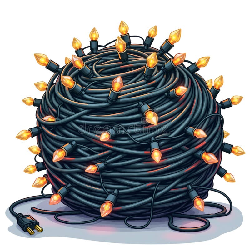 A Large Bundle of Tangled String Lights Sits Coiled, with Each Bulb ...