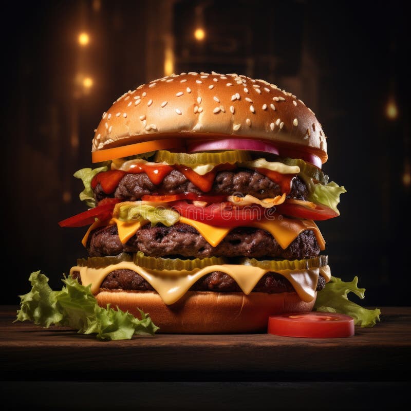 A Large Burger with a Double Layer of Meat and Vegetables Stock ...