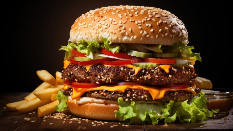 A large burger with fries stock illustration. Illustration of lucy ...