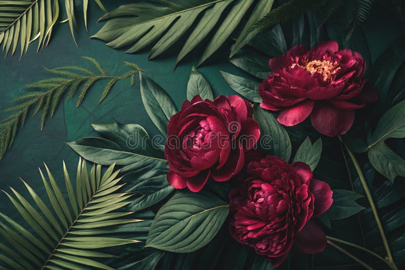 Burgundy Peonies on a Green Background Stock Illustration ...