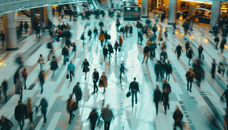 Large Busy Lobby with Many People in Blurry Focus Stock Illustration ...