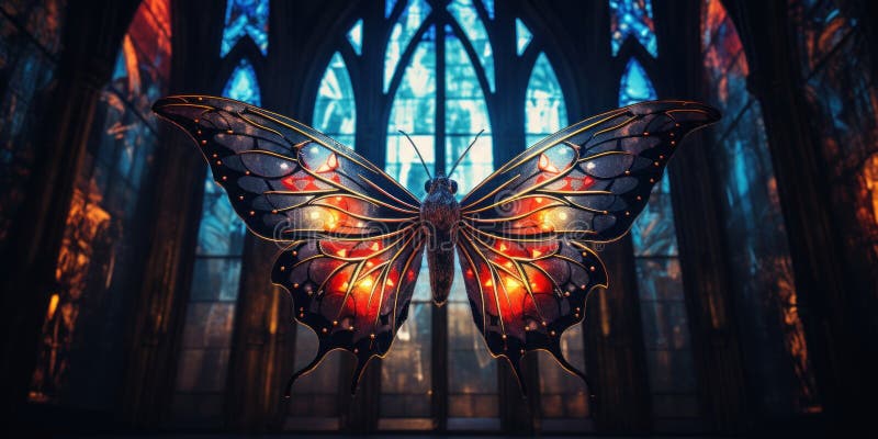 A Large Butterfly Sculpture in Front of a Stained Glass Window ...