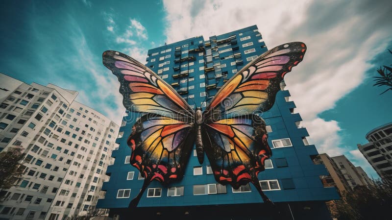 A Large Butterfly Statue in Front of a Tall Building with a Blue Sky in ...