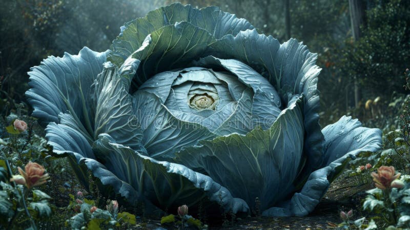 A Large Cabbage Plant with Leaves and Flowers in a Forest, AI Stock ...