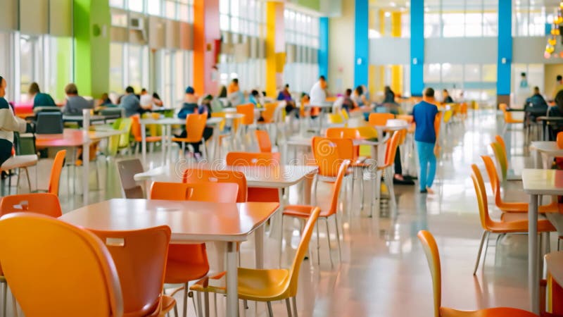 A Large Cafeteria Filled with Tables and Chairs, Bustling with Activity ...