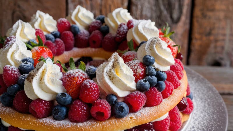 A Large Cake with Berries and Whipped Cream on a Plate, AI Stock Photo ...
