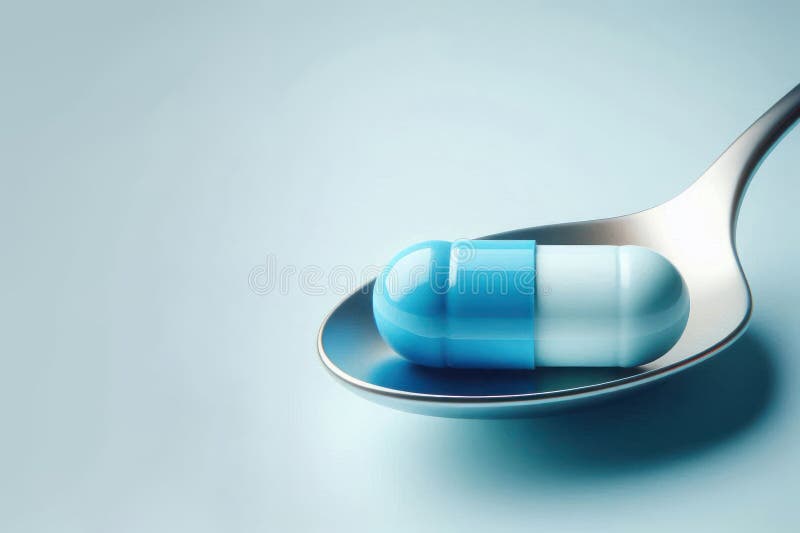 A Large Capsule Tablet Lying in a Spoon. Space for Text. Stock Photo ...