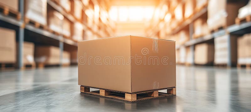 Large Cardboard Box on Pallet in Empty Warehouse Aisle, Logistics and ...