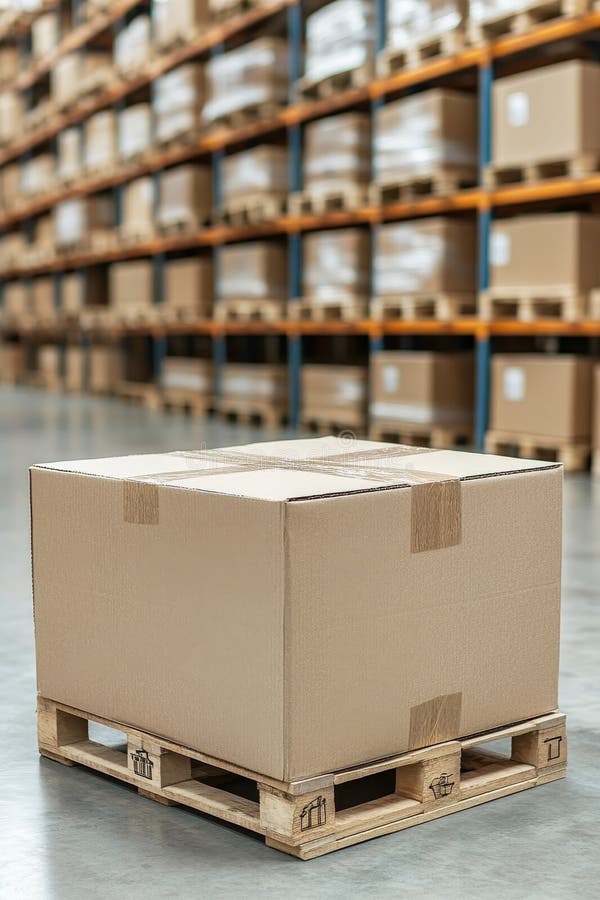 Large Cardboard Box on a Pallet in a Warehouse, Ready for Shipping ...