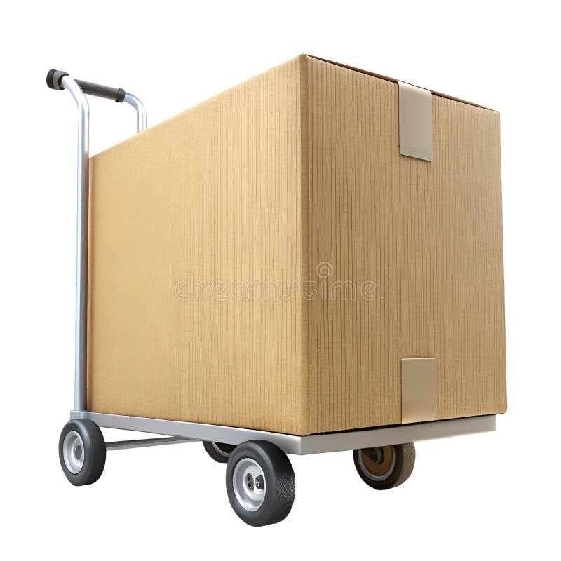 Large Cardboard Box on Silver Hand Truck Isolated White Background ...