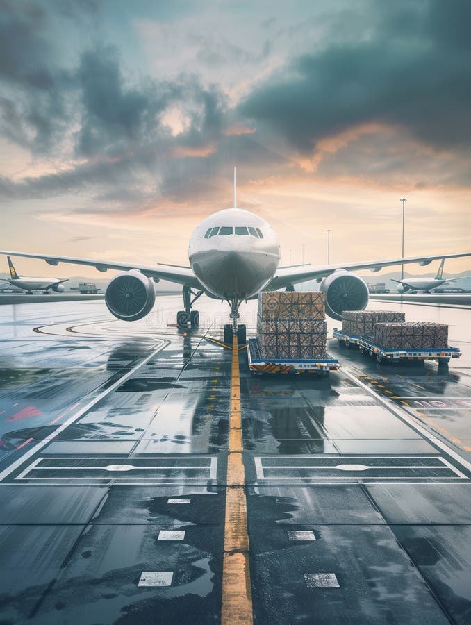 A Large Cargo Airplane Awaits Loading and Unloading while Surrounded by ...