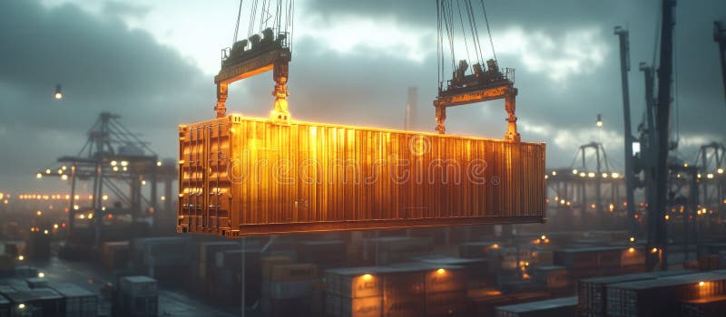 A Large Cargo Container Being Lifted by a Crane at a Busy Port Stock ...