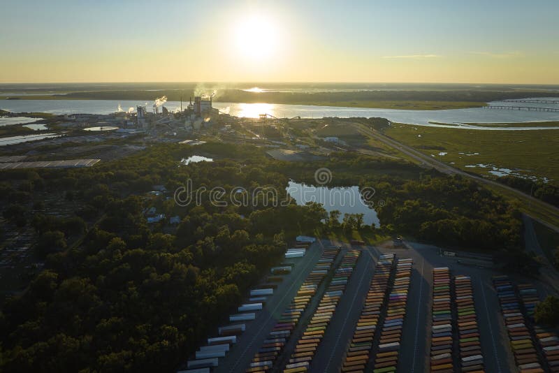 Large Cargo Container Yard with Many Freight Containers and Big Factory ...