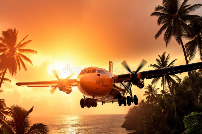 Large Cargo Plane Flying Low Over the Bay and Palm Trees during Sunset ...