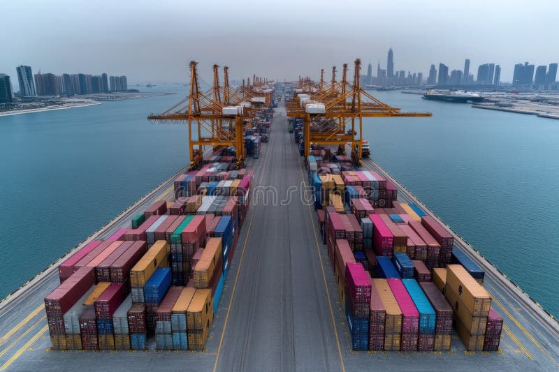 A Large Cargo Port with Rows of Shipping Containers and Towering Cranes ...