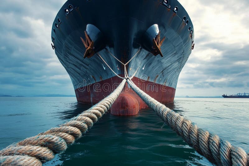 Large Cargo Ship Anchored in the Harbor with Thick Ropes Securing it To ...
