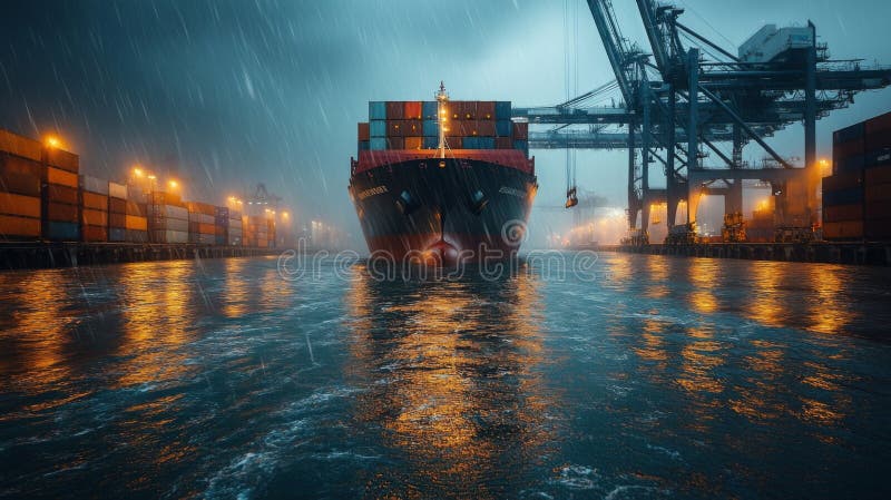 Large Cargo Ship Navigates through Rainy Port at Night, Illuminated by ...