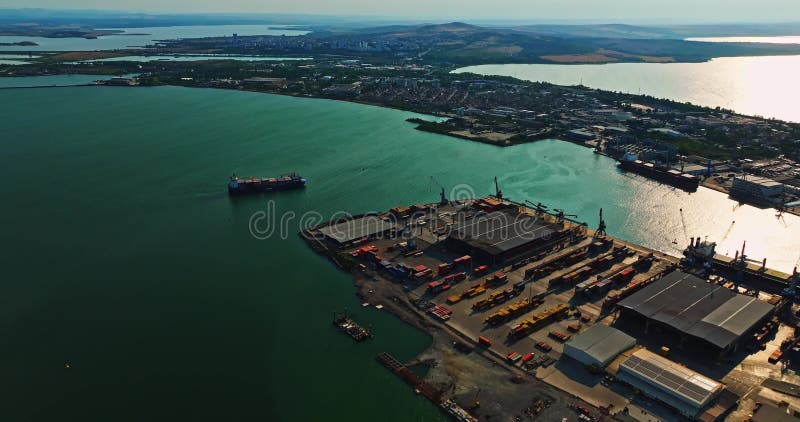 Large Cargo Ship Approaching Dock for Unloading High Altitude Aerial ...