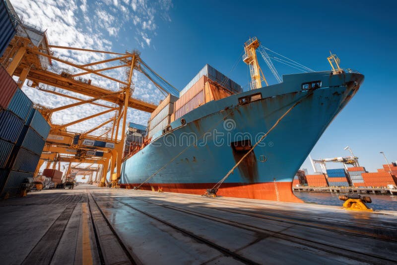 Large Cargo Ship Being Loaded with Containers at Busy Port Under Clear ...