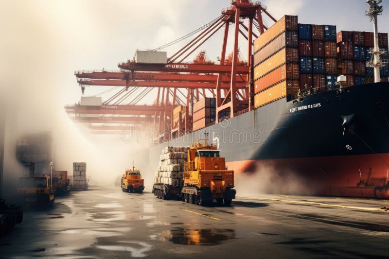 Large Cargo Ship Being Loaded with Containers and Equipment at a Busy ...