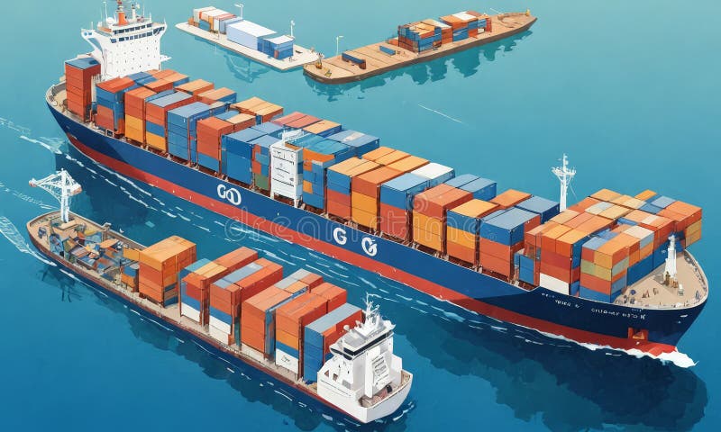 Large Cargo Ship with Blue Hull and Red and Orange Shipping Containers ...