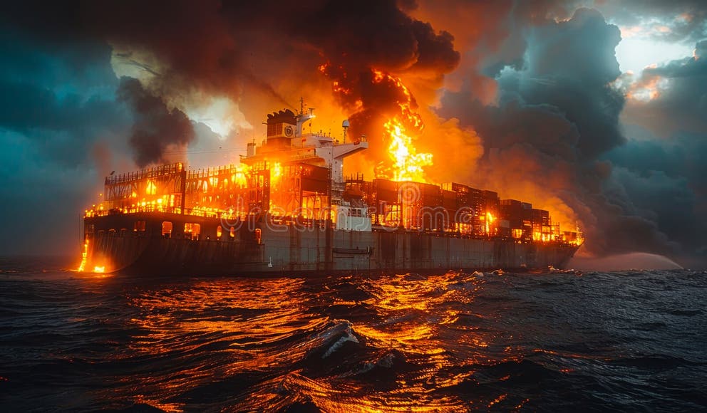 Large Cargo Ship is Burning at Sea. the Ship in Fire Stock Image ...