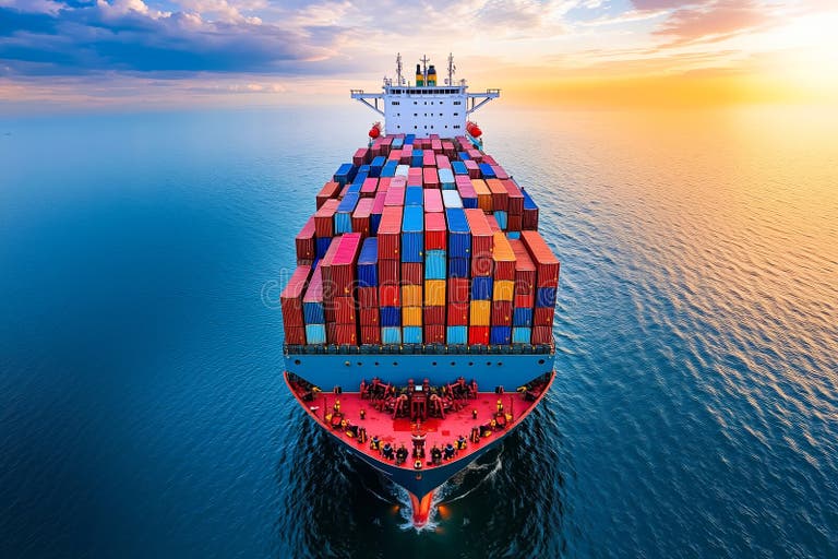 A Large Container Ship Sailing in the Ocean at Sunset Stock Photo ...