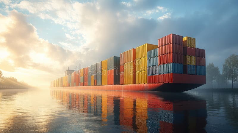 A Large Cargo Ship with Containers is Sailing Down a River at Sunrise ...