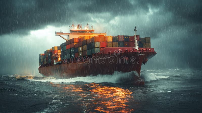 A Large Cargo Ship with Containers Sails through a Stormy Sea with ...