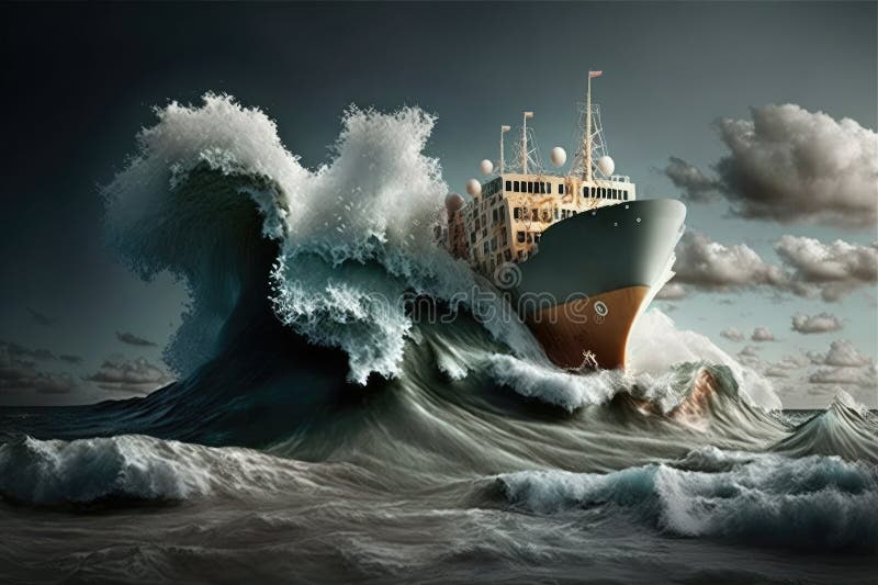 A Large Cargo Ship Cuts a Wave in the Sea with the Bow of the Ship, a ...