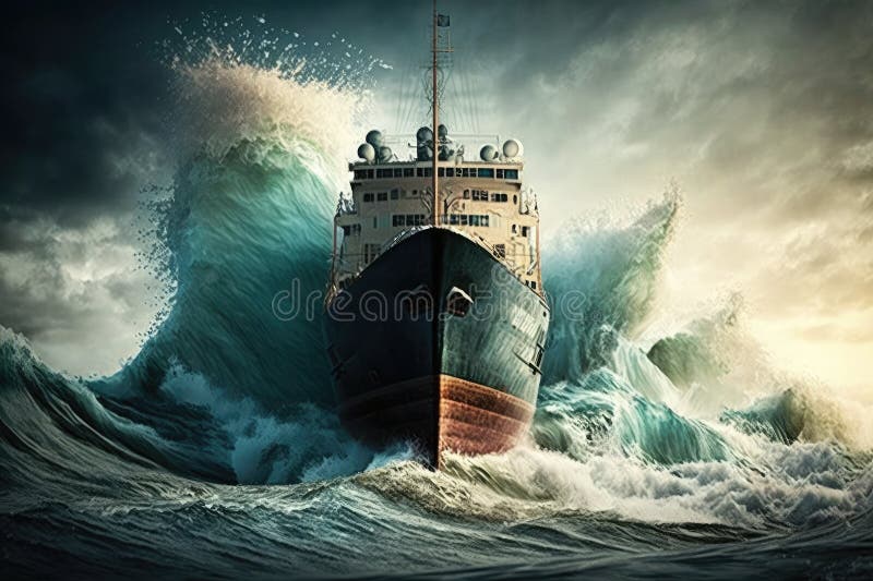 A Large Cargo Ship Cuts a Wave in the Sea with the Bow of the Ship, a ...