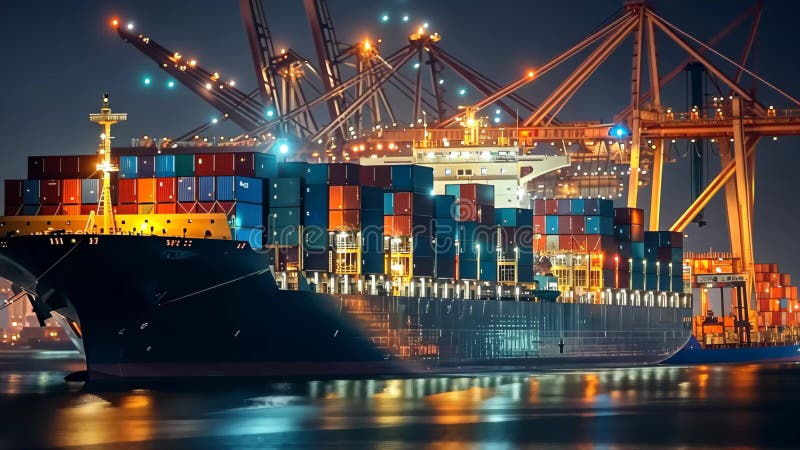 Cargo Ship Docked at Busy Harbor during Night with Bright Lights ...