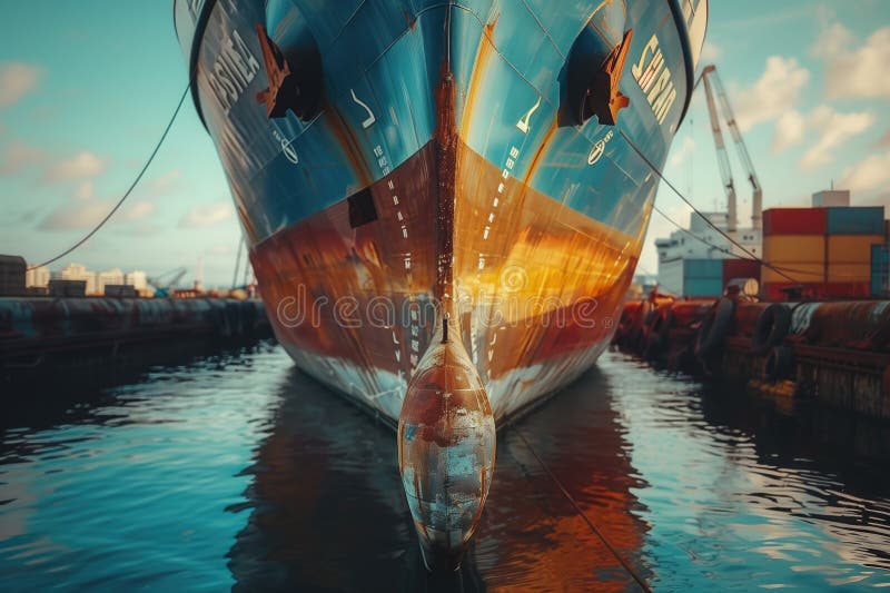Large Cargo Ship Docked at Busy Port with Containers and Cranes. Stock ...