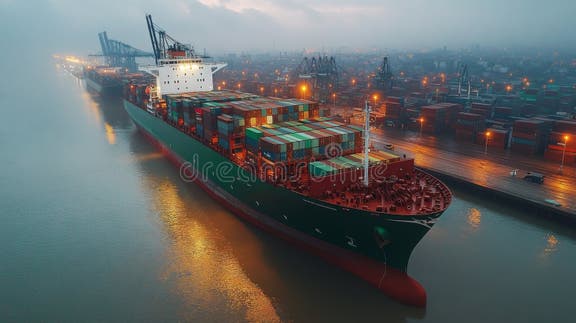 Large Cargo Ship Docking at a Busy Container Terminal during Dusk with ...
