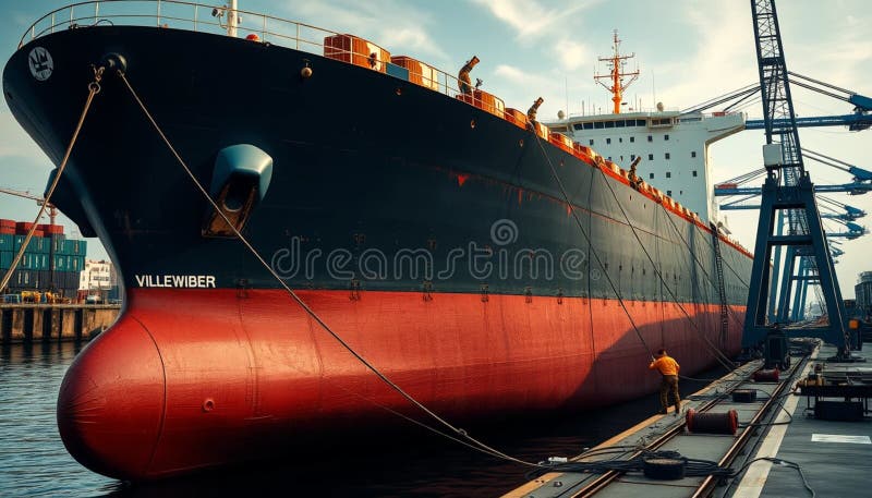 Large Cargo Ship Docking in Port with Crane and Worker Securing Ropes ...