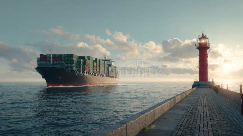 Large Cargo Ship Entering Port with Red Lighthouse in Foreground Under ...