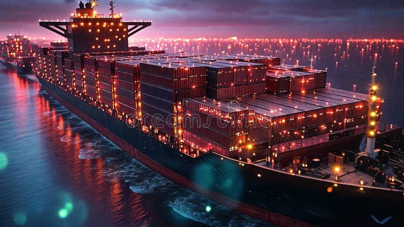 Large Cargo Ship Illuminated at Night while Navigating through a ...