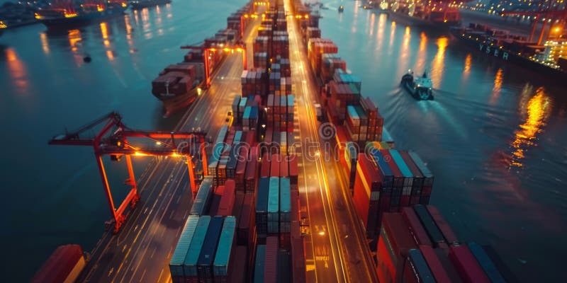 A Large Cargo Ship Illuminated at Night, Surrounded by Darkness with ...