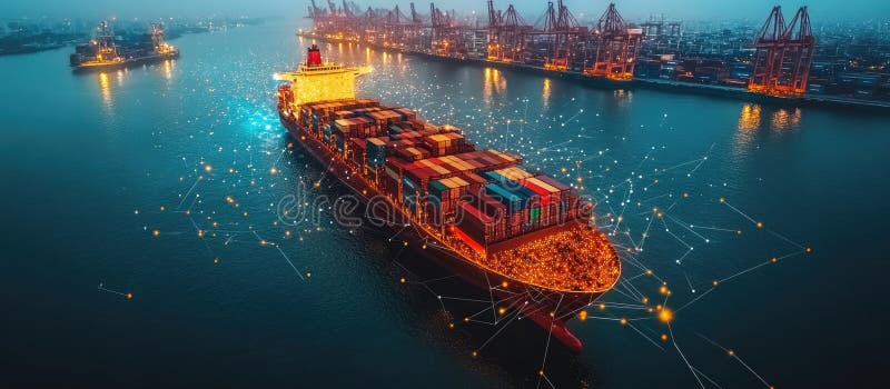 "NIGHTTIME PORT SCENE with CARGO SHIP DEPARTING and DIGITAL NETWORK ...