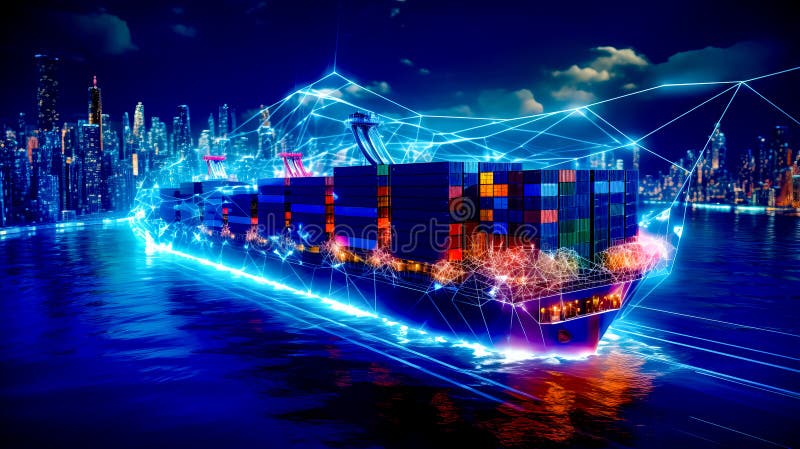 Large Cargo Ship with Lot of Lights on it S Side. Generative AI Stock ...