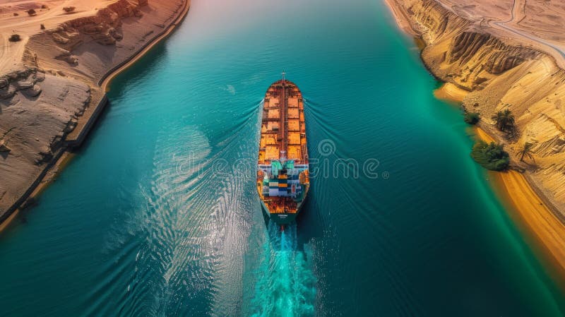 Cargo Ship Navigates the Suez Canal during Sunny Day, Showcasing ...