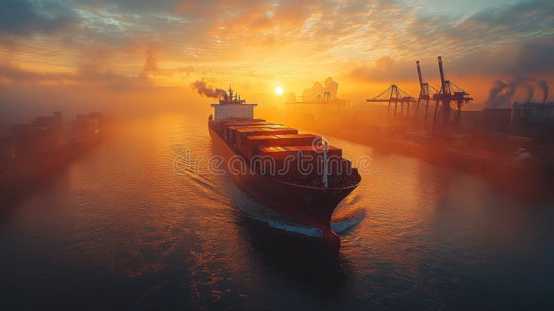 Container Ship Sailing through a Harbor at Sunset, Surrounded by Cranes ...