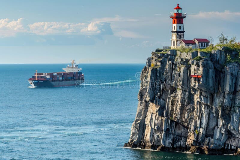 A Large Cargo Ship Navigates Past a Historic Lighthouse Perched on a ...