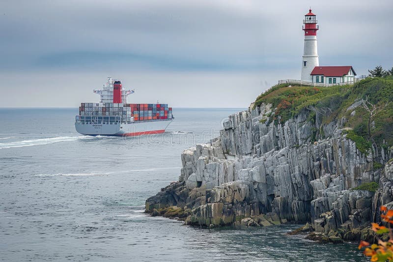 A Large Cargo Ship Navigates Past a Historic Lighthouse Perched on a ...