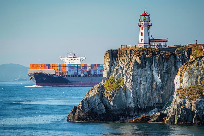 A Large Cargo Ship Navigates Past a Historic Lighthouse Perched on a ...
