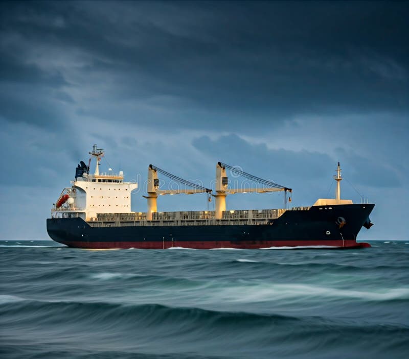 Large Cargo Ship Navigating Choppy Waters Under a Stormy Sky. Stock ...