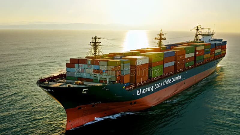 Large Cargo Ship Navigating through the Ocean at Sunset, Containers ...