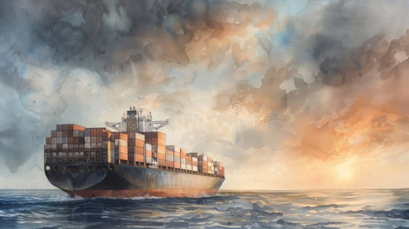 Large Cargo Ship Navigating the Ocean Under Dramatic Skies, Loaded with ...