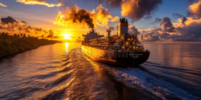 Large Cargo Ship Navigating Ocean Waters at Sunset with Dramatic Clouds ...